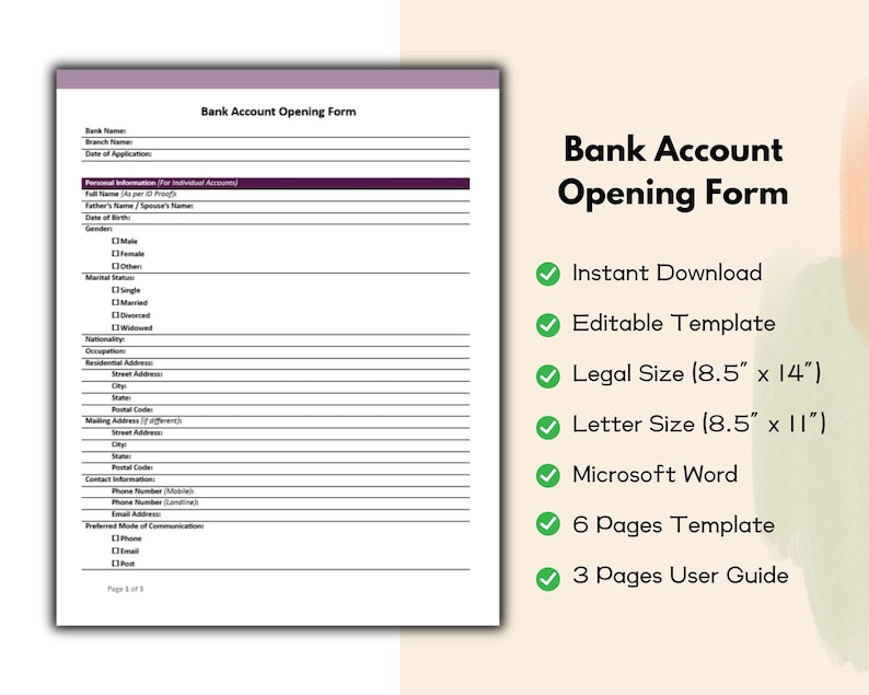 Bank Account Opening Form – Editable and Printable Template for Personal or Business Banking ...