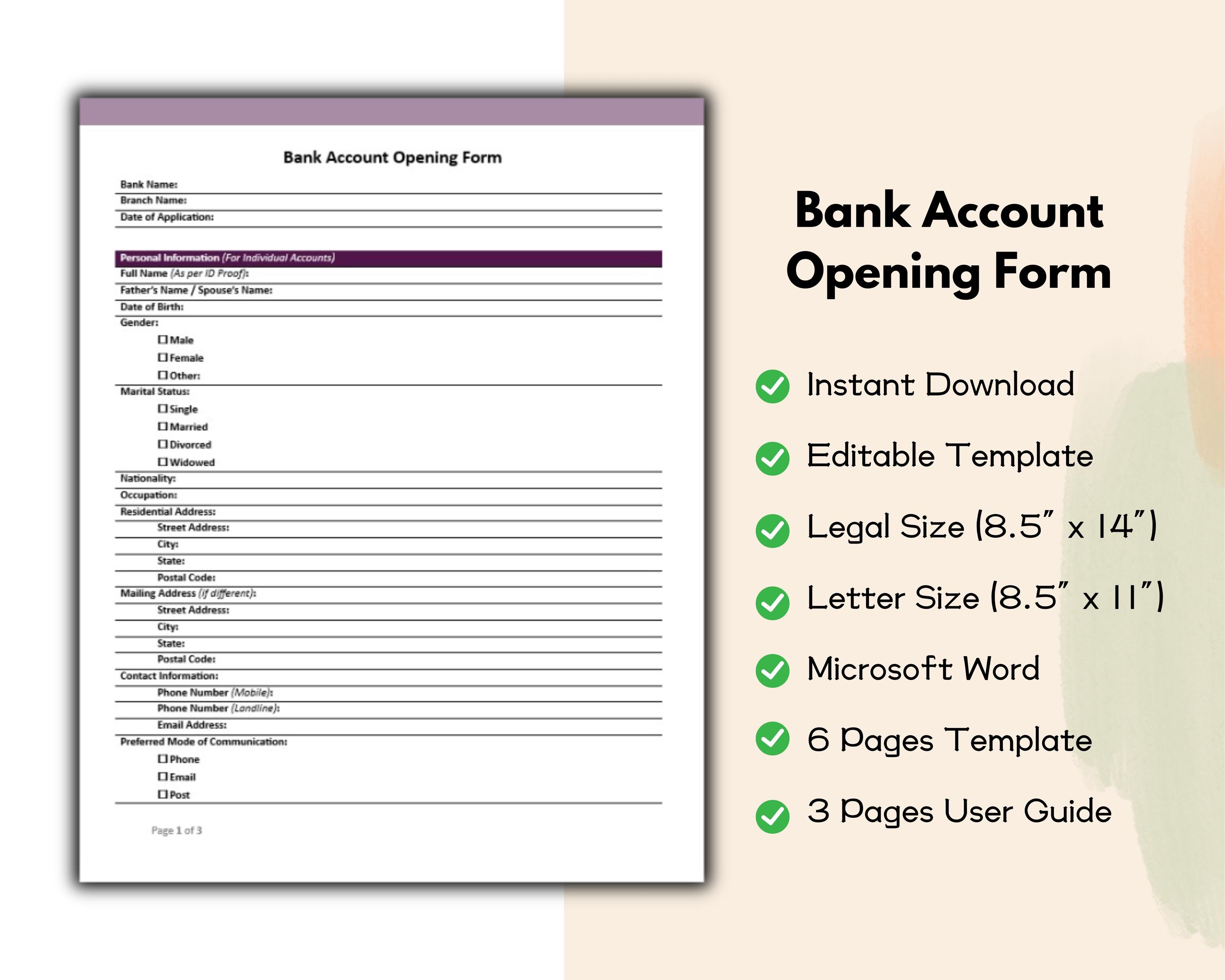 Bank Account Opening Form – Editable and Printable Template for ...
