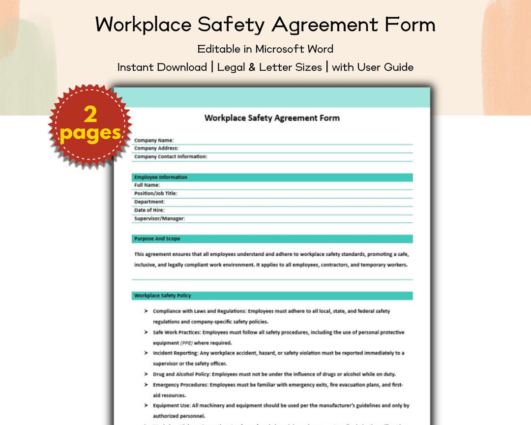 Workplace Safety Agreement Form Printable and Editable Template ...