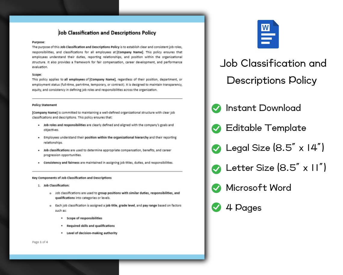 Job Classification and Descriptions Policy Editable Template | Human ...