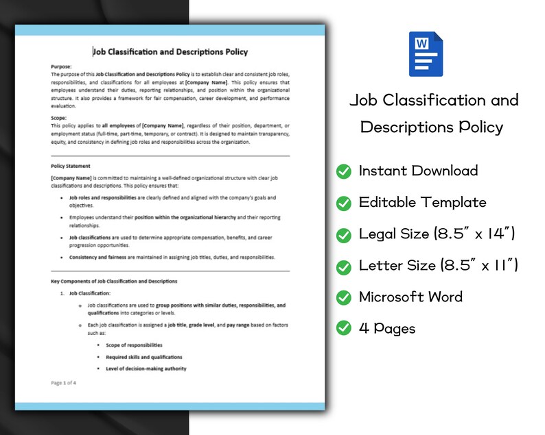 Job Classification and Descriptions Policy Editable Template | Human ...