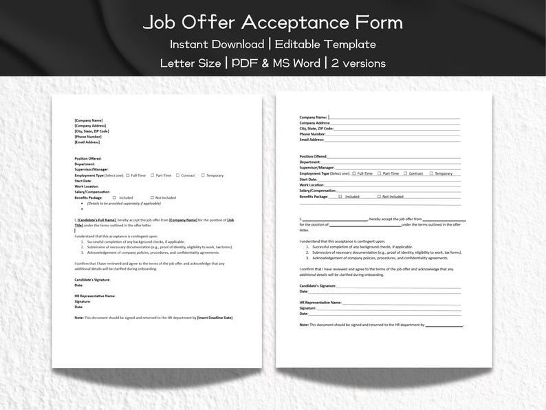 Job Offer Acceptance Form Editable and Printable Template | Editable ...