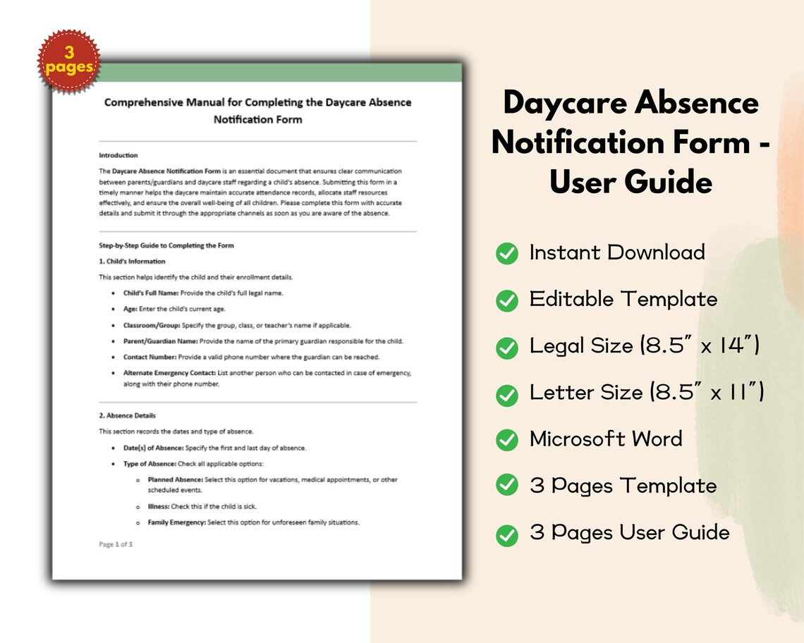 Daycare Absence Notification Form Editable and Printable Template Child ...