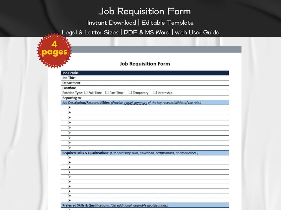 Job Requisition Form Editable and Printable Template With Manual | HR ...