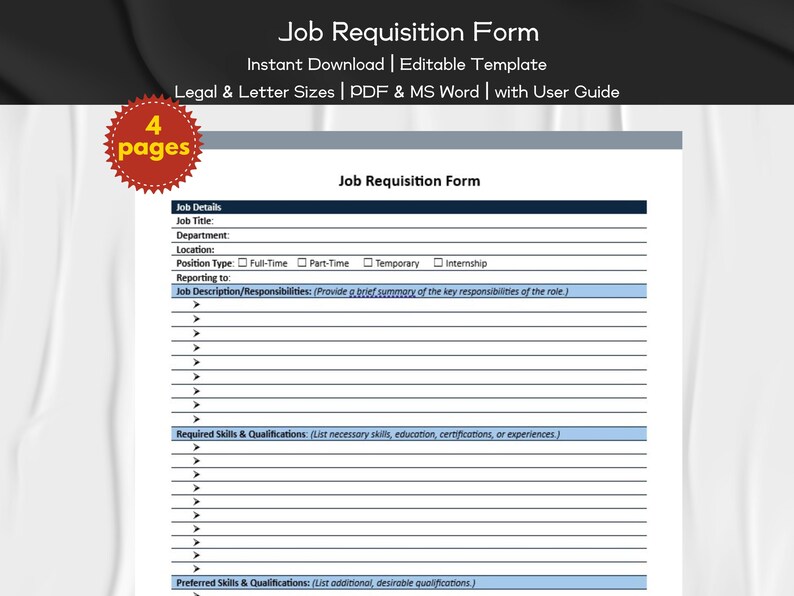 Job Requisition Form Editable and Printable Template With Manual | HR ...
