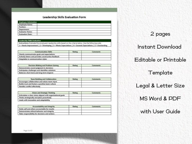 Leadership Skills Evaluation Form Editable and Printable | Employee ...