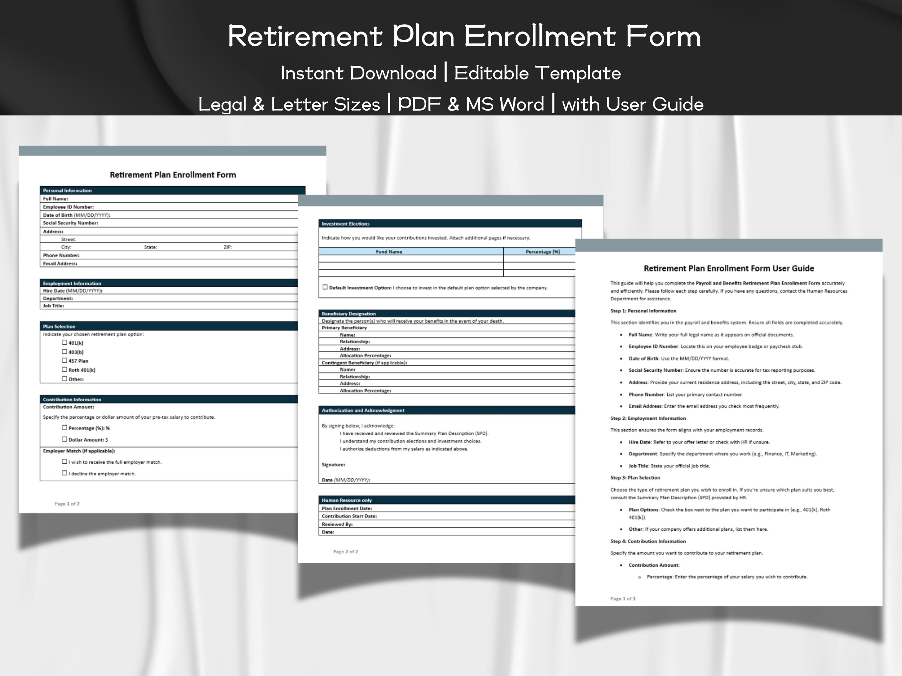 Retirement Plan Enrollment Form Editable and Printable Template ...