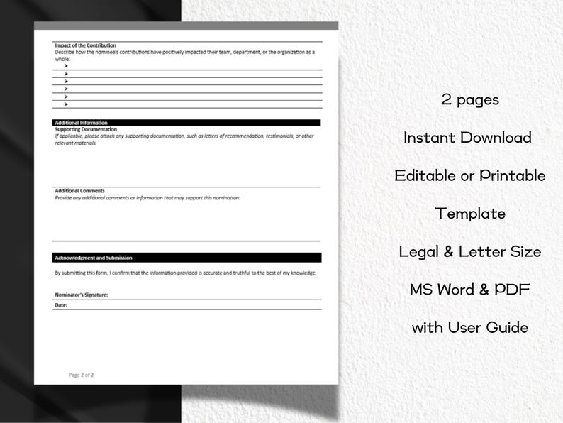 Employee Recognition Nomination Form Editable and Printable Template ...