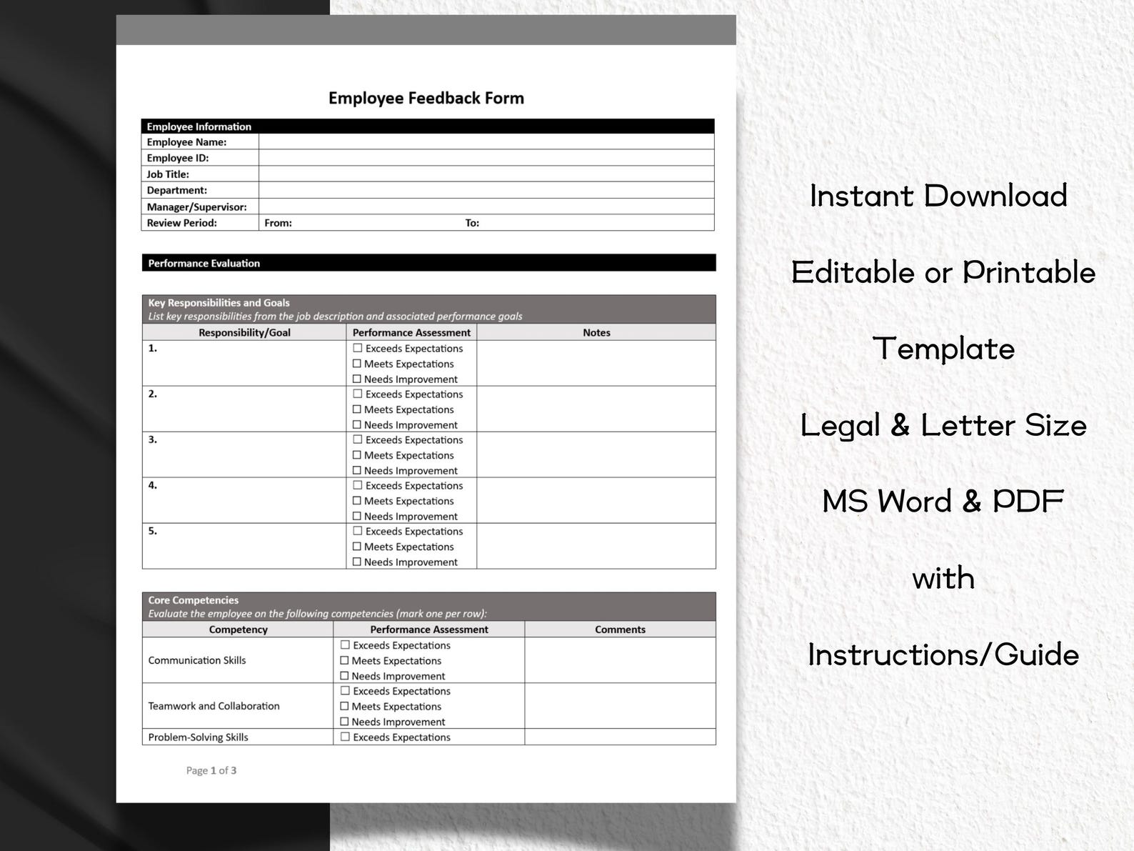 Employee Feedback Form Editable and Printable Template | HR Templates ...
