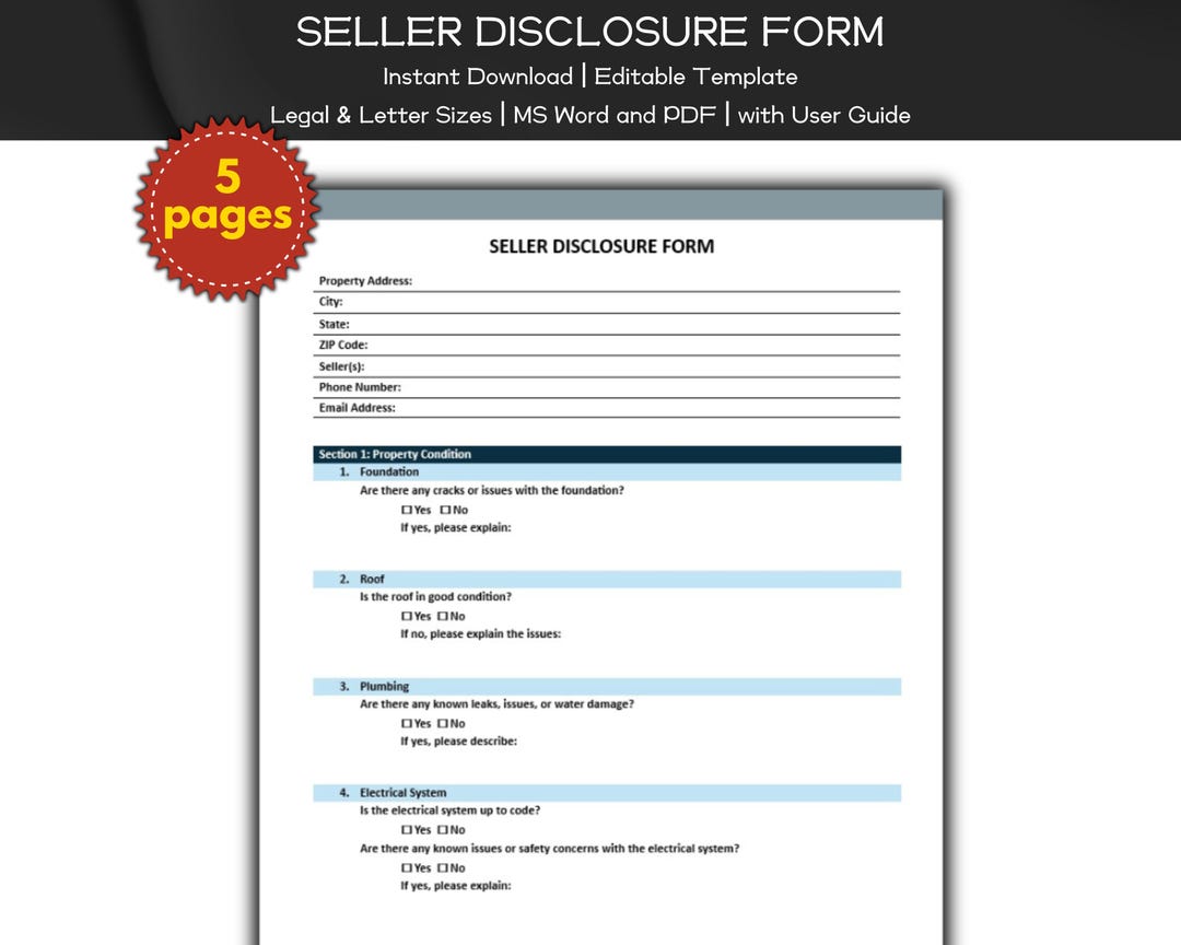 Seller Disclosure Form Editable and Printable Template for Real Estate ...