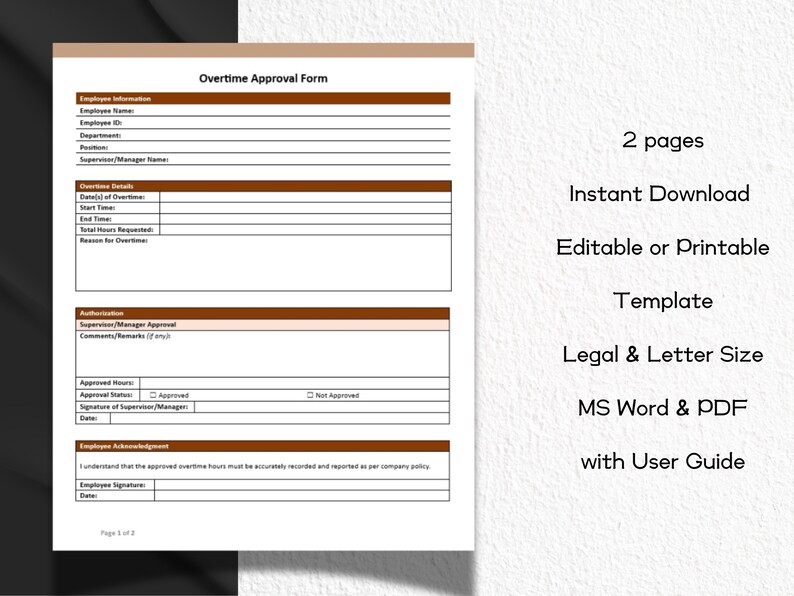 Overtime Approval Form Editable and Printable Template | Employee ...