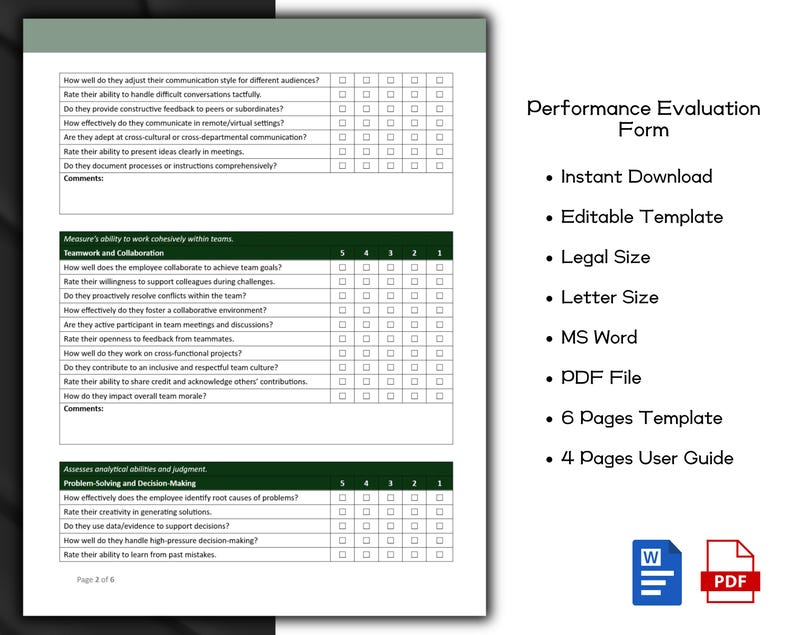 Performance Evaluation Form Editable and Printable Templates | HR ...