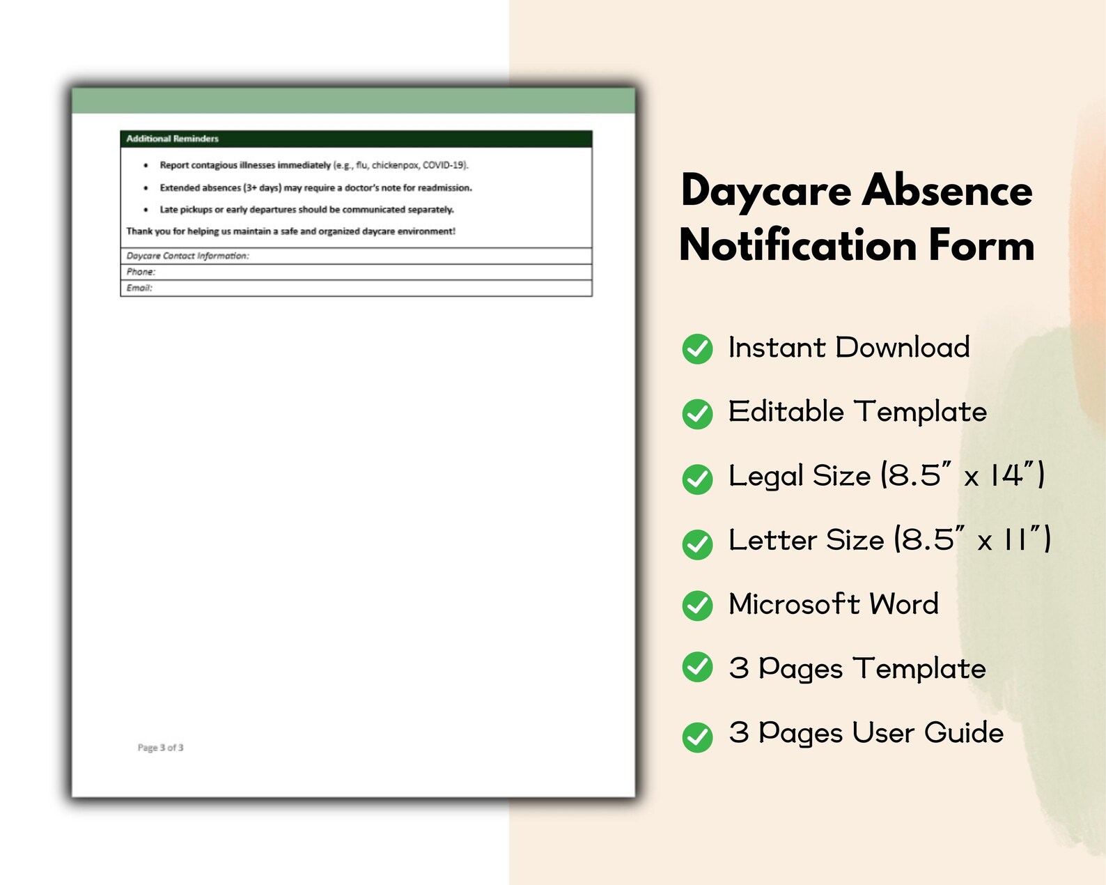 Daycare Absence Notification Form Editable and Printable Template Child ...