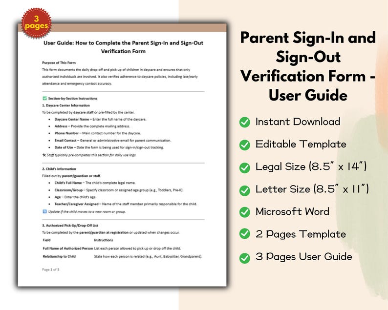 Daycare Parent Sign-in and Sign-out Verification Form Editable and ...