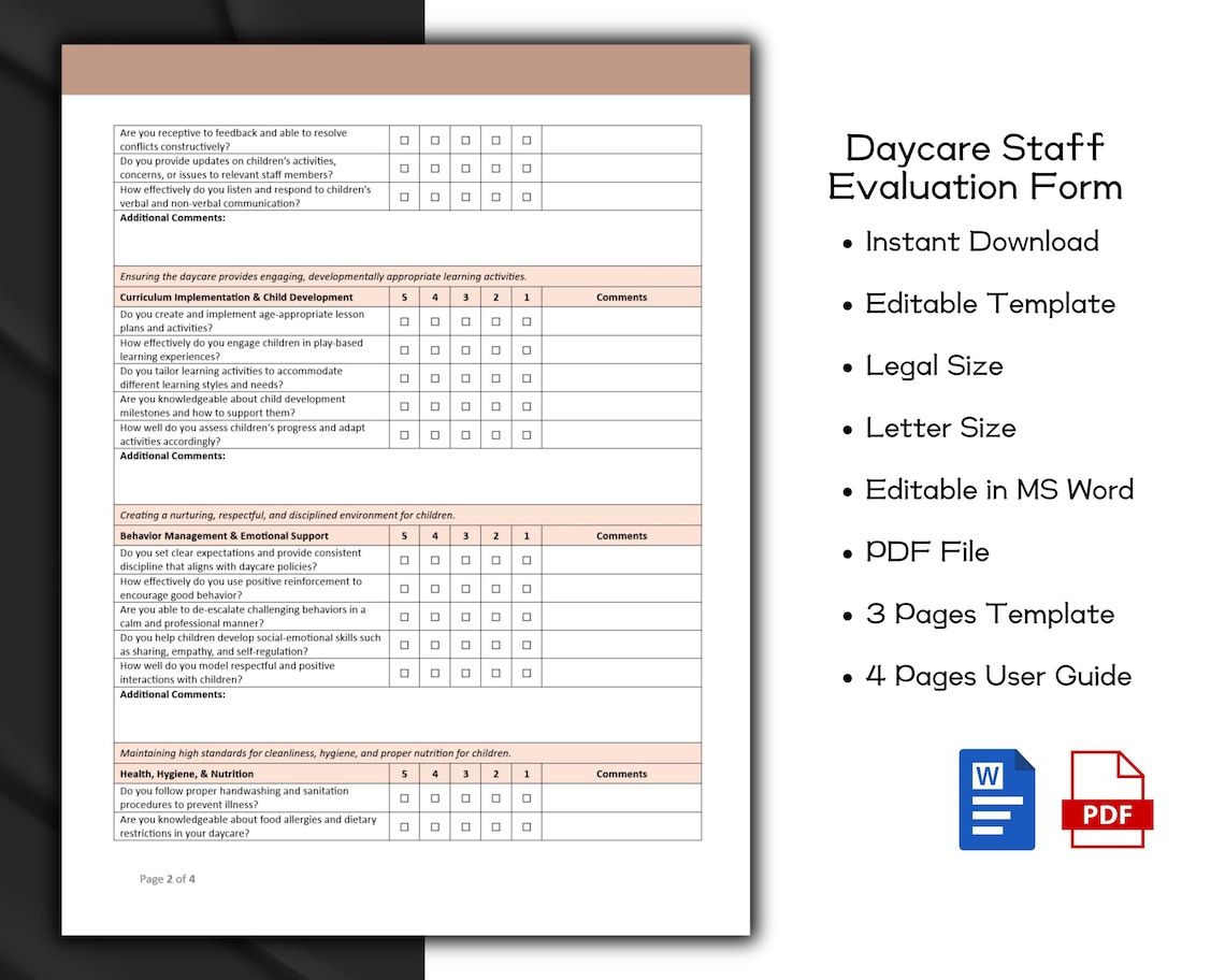 Daycare Staff Evaluation Form Printable and Editable Template ...