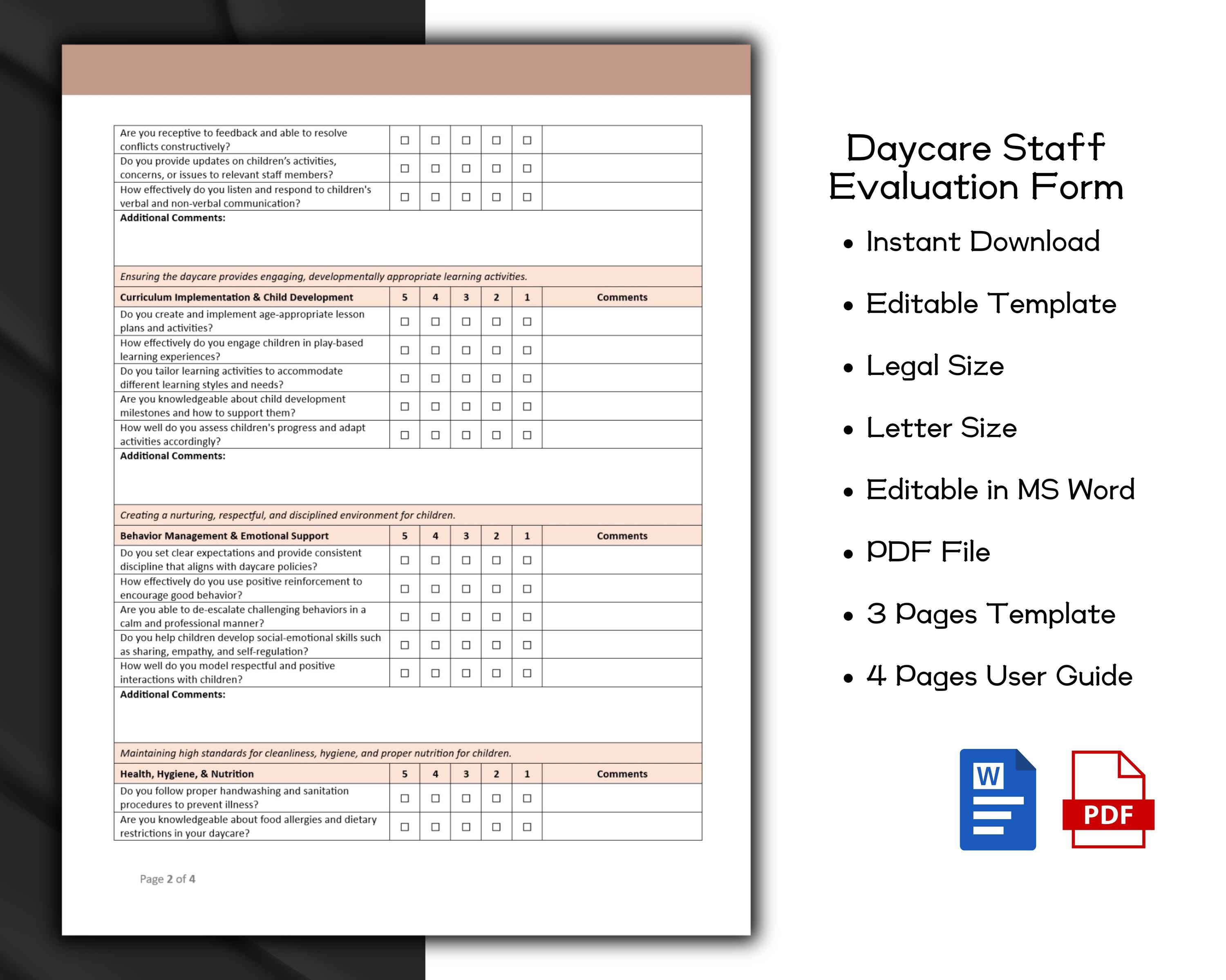 Daycare Staff Evaluation Form Printable and Editable Template ...