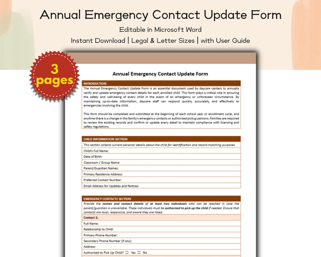 Daycare Annual Emergency Contact Update Form Editable and Printable ...
