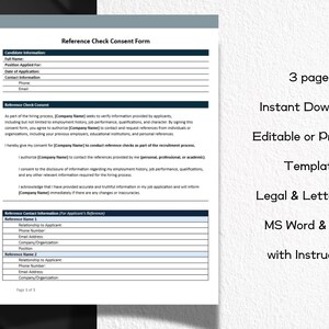 Reference Check Consent Form Editable and Printable Template With ...