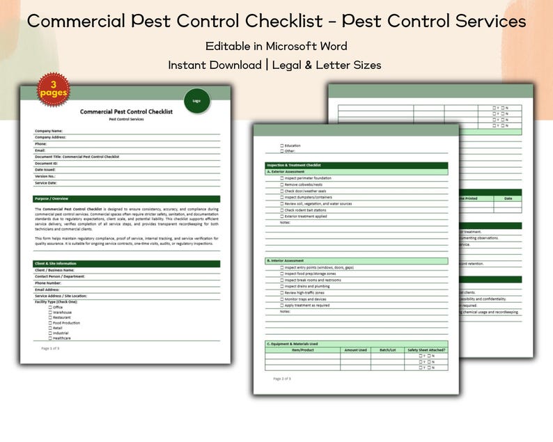 Commercial Pest Control Checklist Services Form Editable and Printable ...