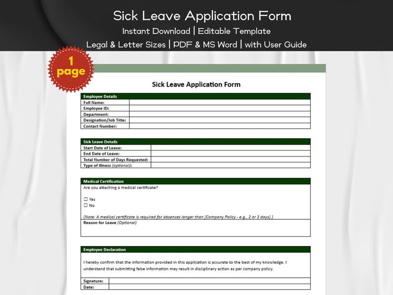 Sick Leave Application Form Editable and Printable Template | Employee Management | Human ...
