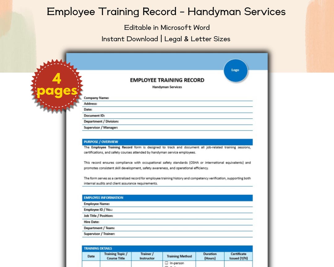 Employee Training Record Form Editable and Printable Template, Handyman Home Services Provider ...