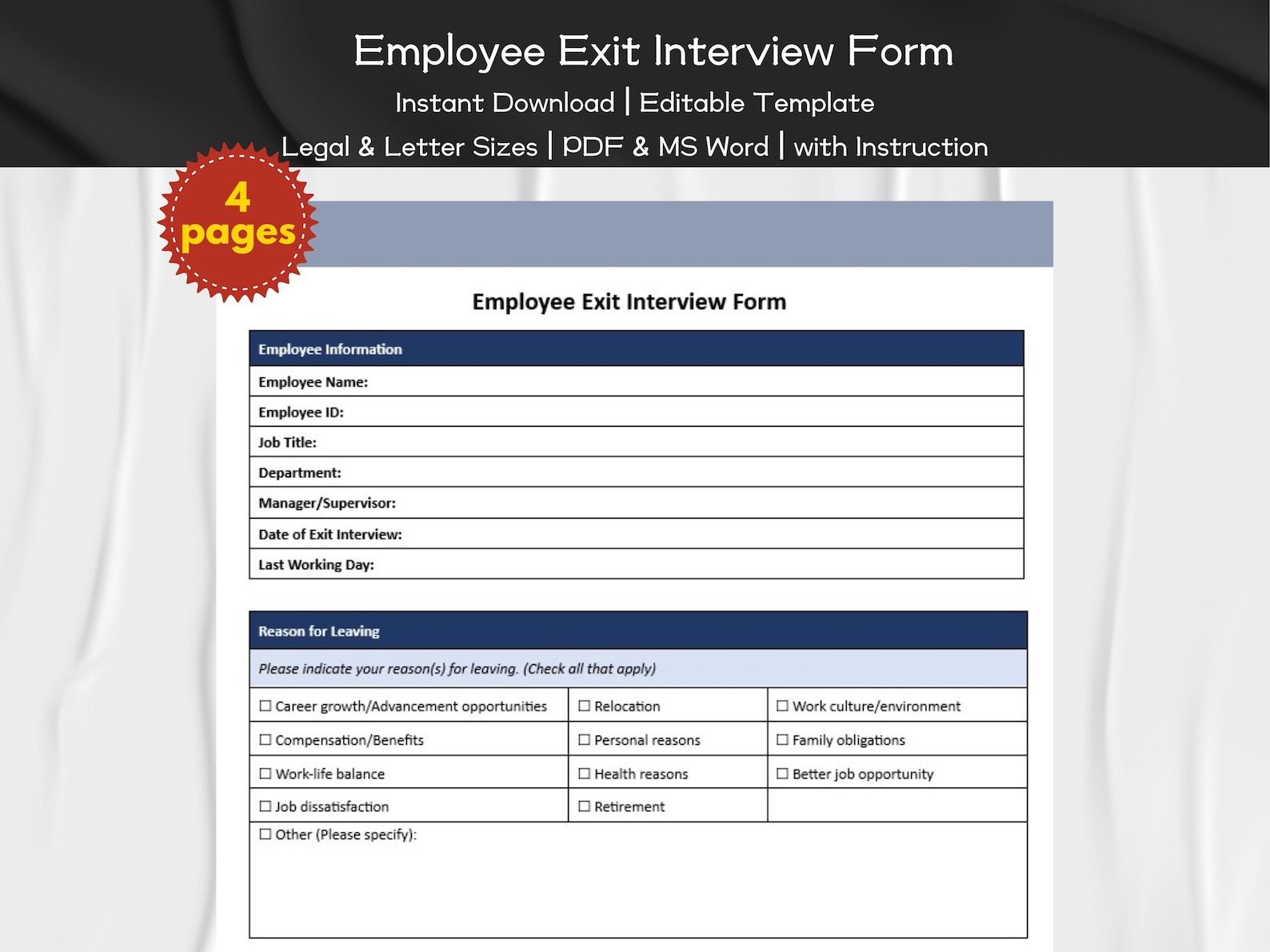 Employee Exit Interview Form Editable and Printable Template | HR ...
