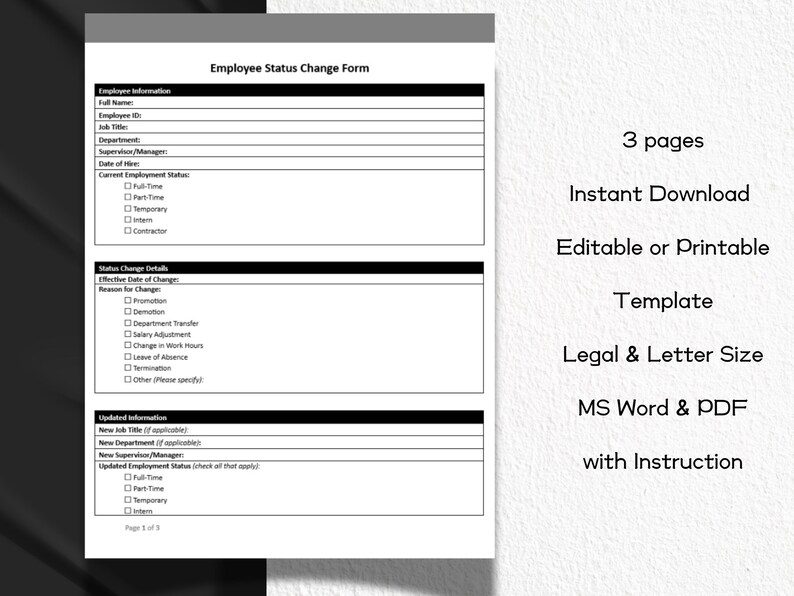 Employee Status Change Form Editable and Printable Template | Human ...