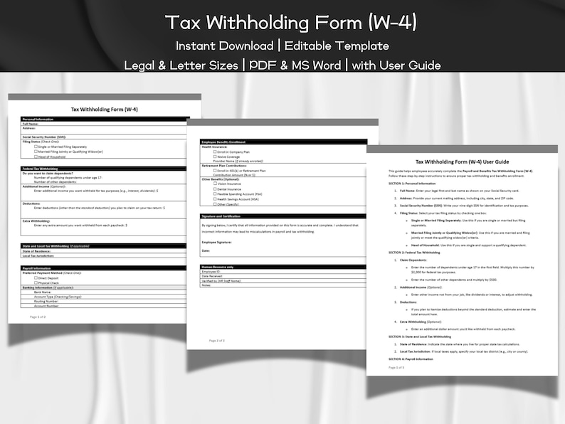 Tax Withholding Form (W-4) Editable and Printable Template | Employee ...