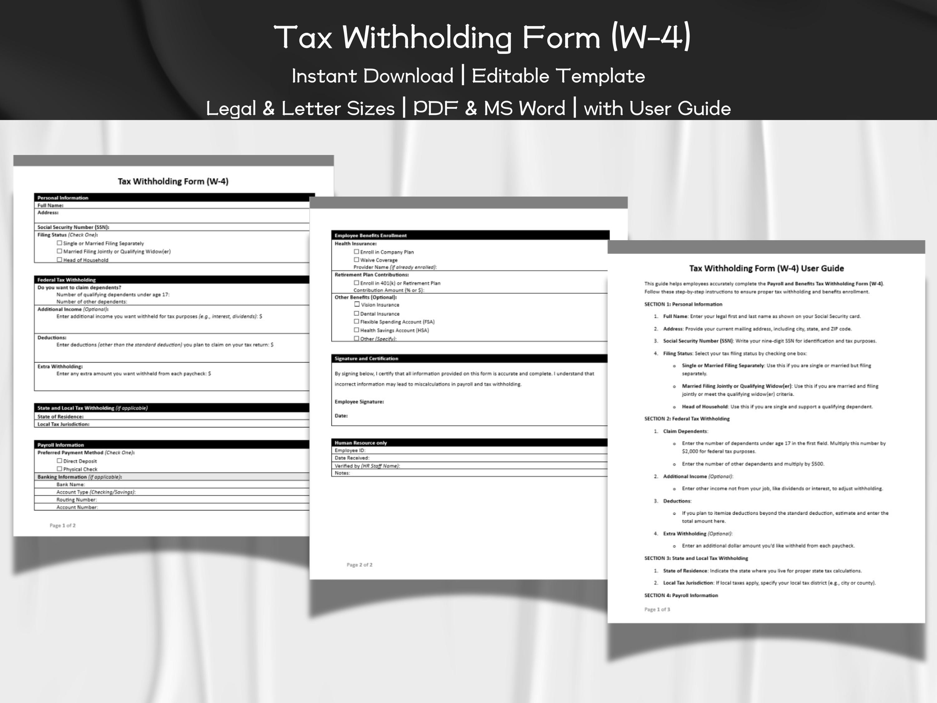 Tax Withholding Form (W-4) Editable and Printable Template | Employee ...