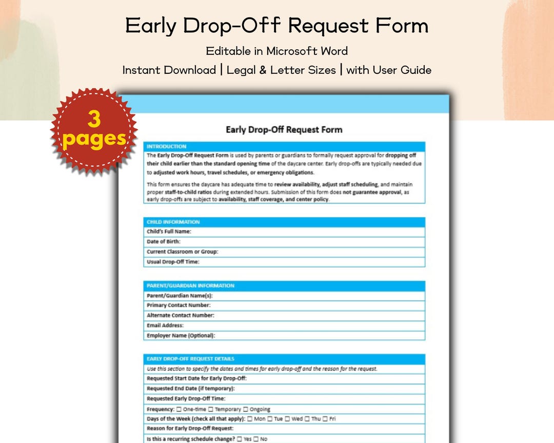 Daycare Early Drop-off Request Form Editable and Printable Template ...