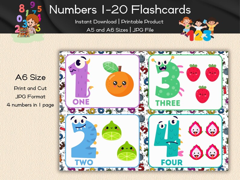 1-20 Numbers Flash Cards Printable, Preschool Counting Flash Cards, Fun ...