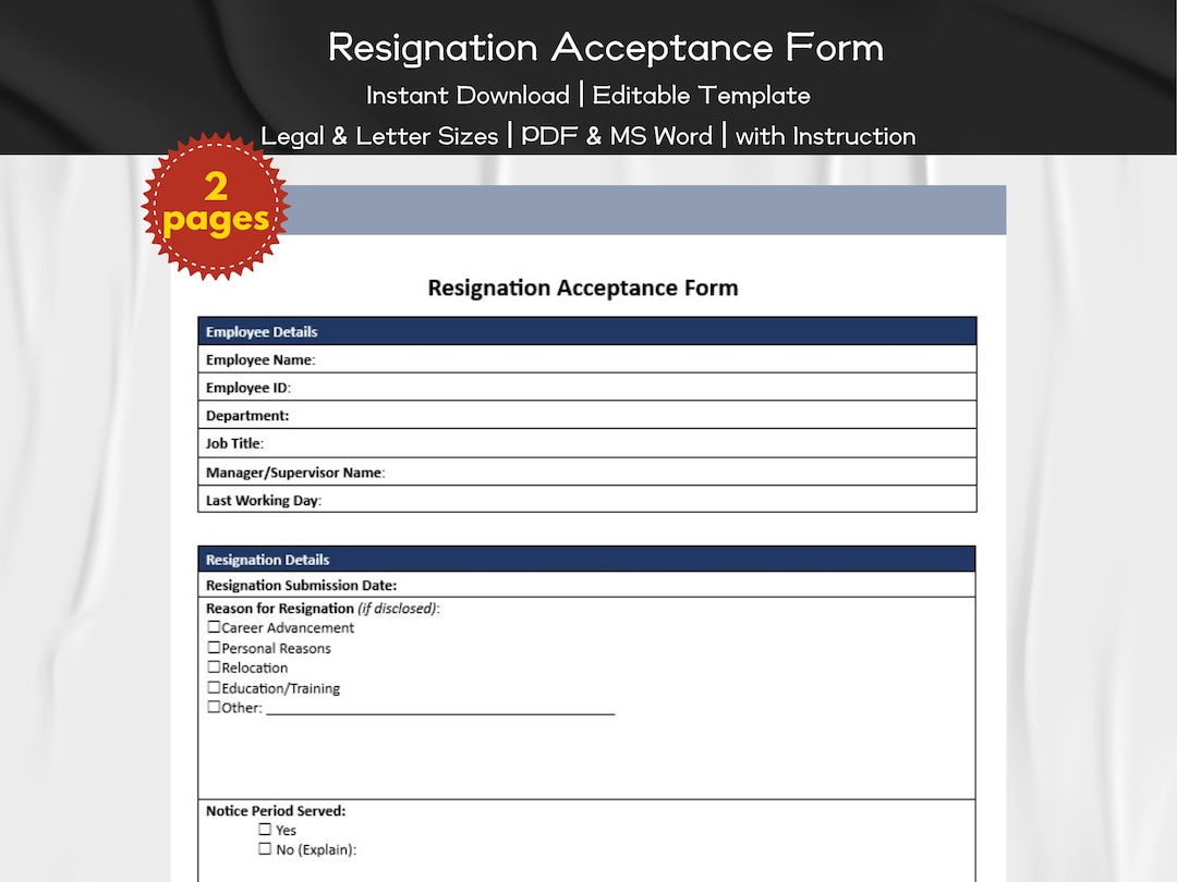 Resignation Acceptance Form Editable and Printable Template | HR ...