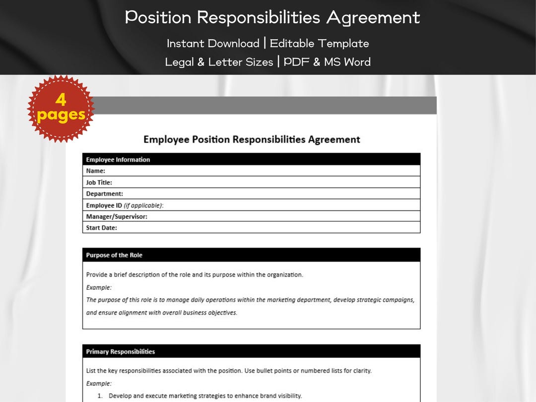 Position Responsibilities Agreement Form Editable and Printable ...