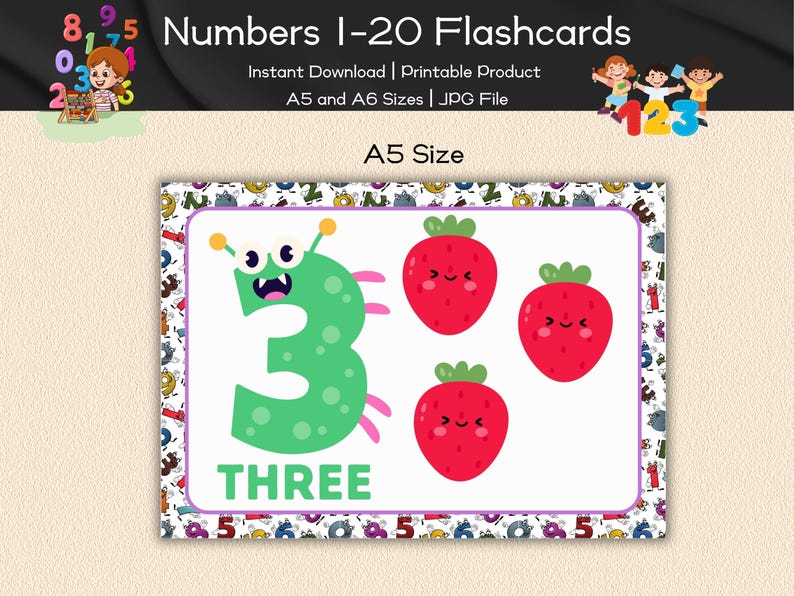 1-20 Numbers Flash Cards Printable, Preschool Counting Flash Cards, Fun ...