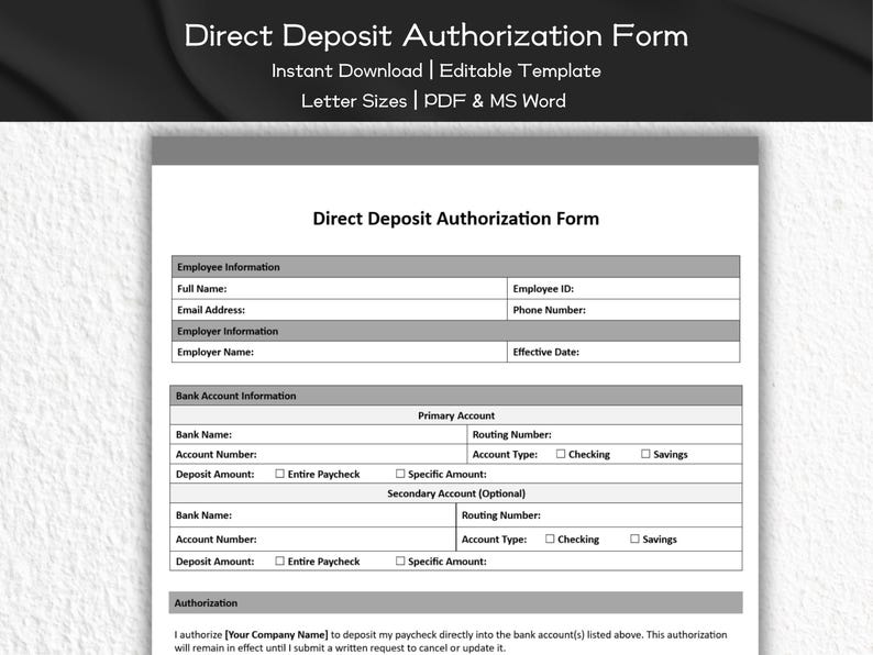 Direct Deposit Authorization Form Editable and Printable Template | HR ...