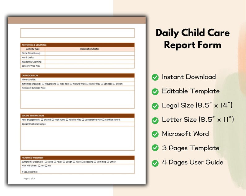 Daycare Daily Child Care Report Form Editable and Printable Template ...