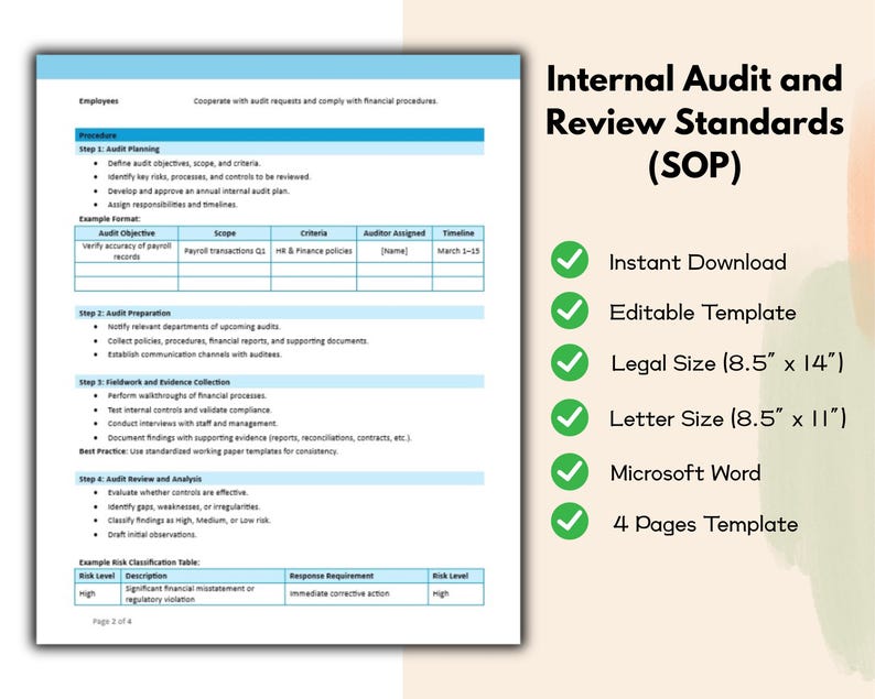 Internal Audit and Review Standards SOP Editable and Printable Template ...