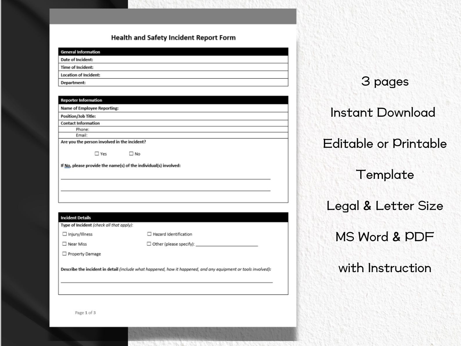 Health and Safety Incident Report Form Editable and Printable Template ...