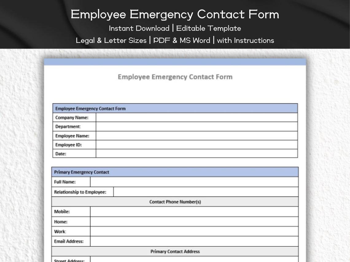 Employee Emergency Contact Form Editable and Printable Template | HR ...