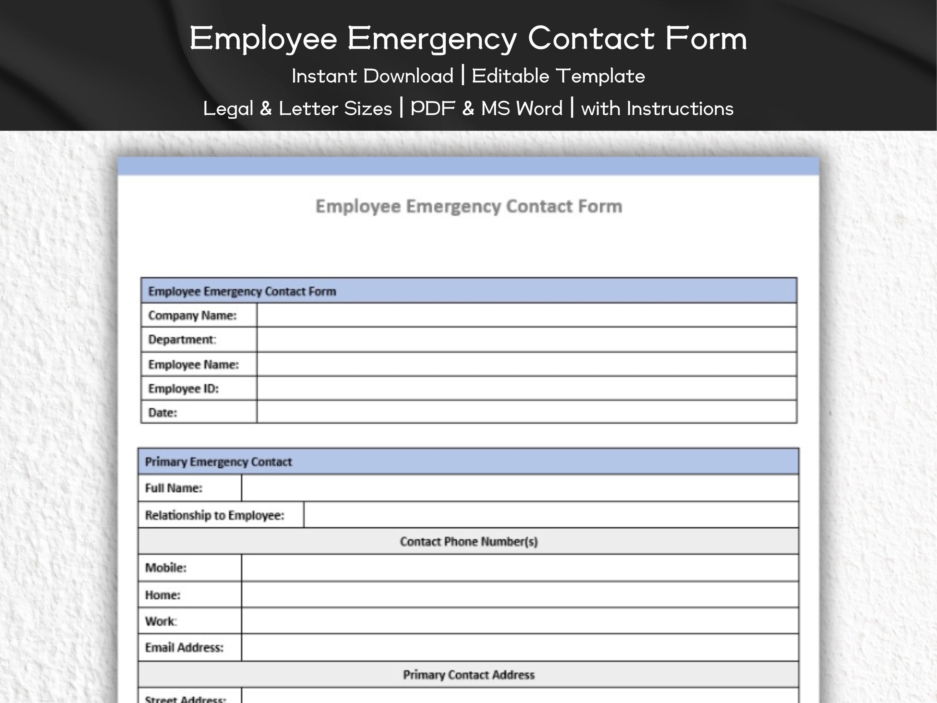 Employee Emergency Contact Form Editable and Printable Template | HR ...