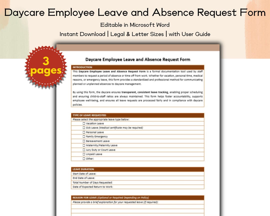 Daycare Employee Leave and Absence Request Form Editable and Printable ...