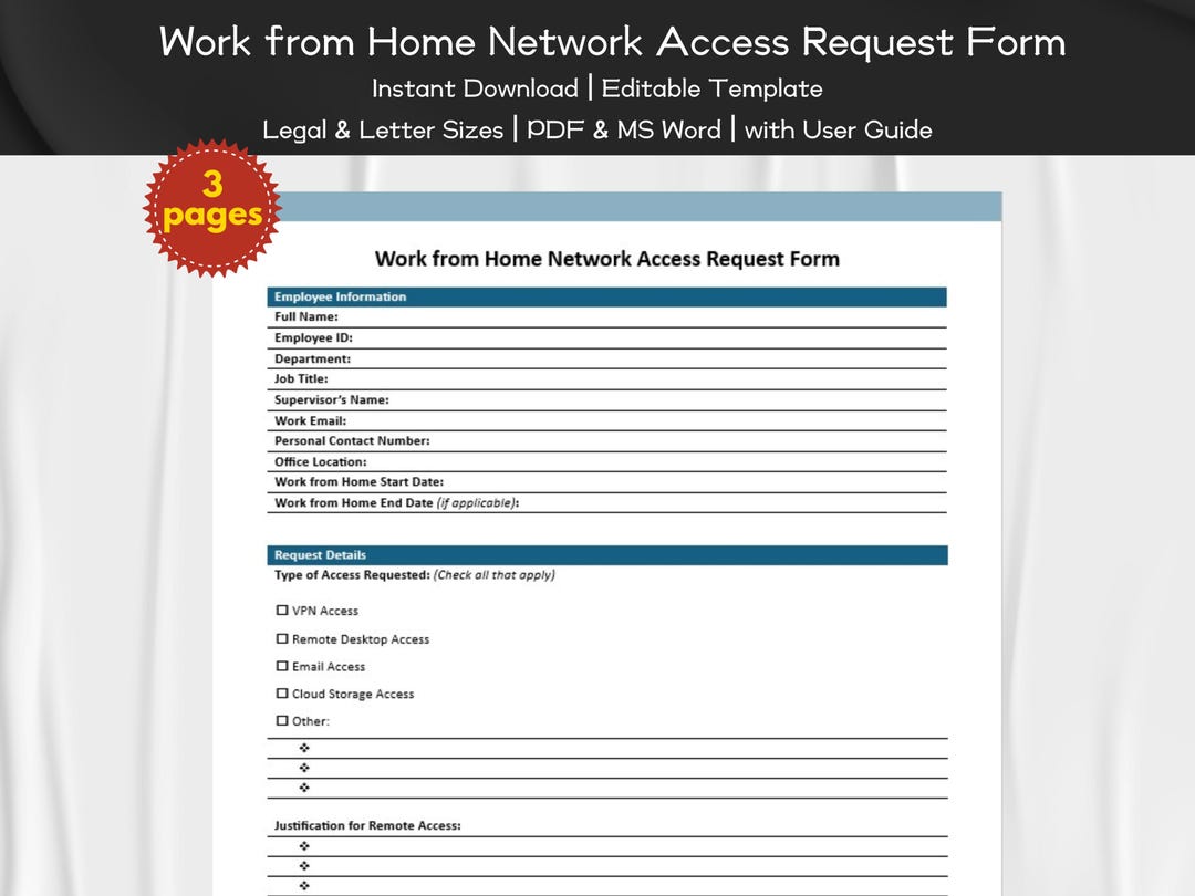 Work From Home Network Access Request Form Editable and Printable ...