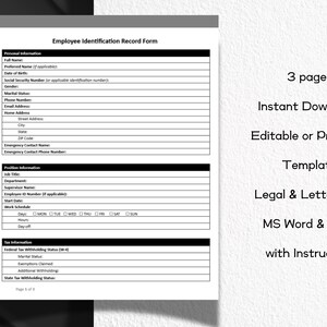 Employee Identification Record Form Editable and Printable Template ...
