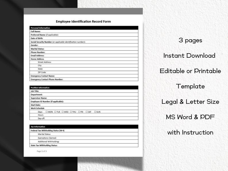 Employee Identification Record Form Editable and Printable Template ...