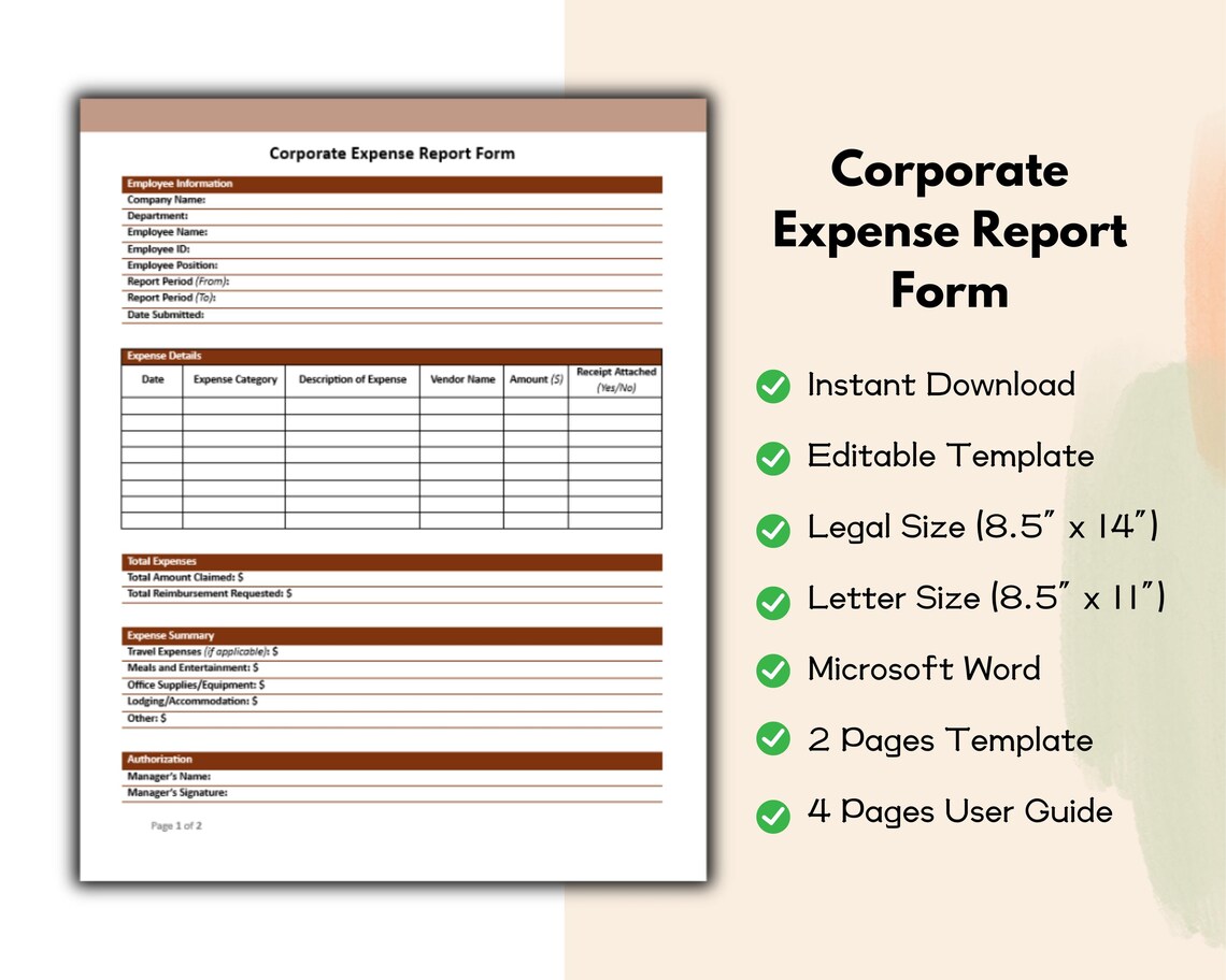 Corporate Expense Report Form – Editable and Printable Template for ...