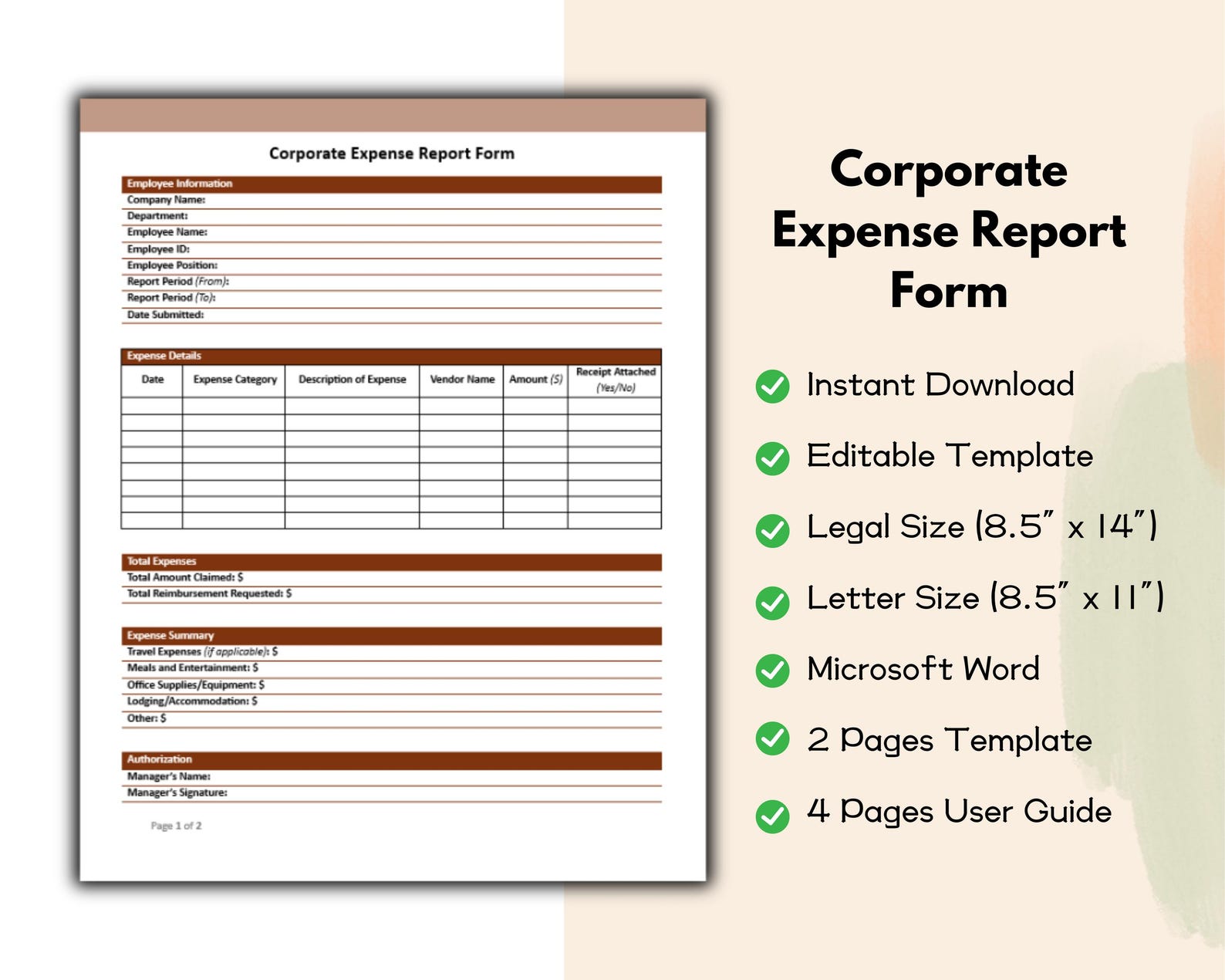 Corporate Expense Report Form – Editable and Printable Template for ...