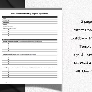 Work From Home Weekly Progress Report Form Editable and Printable ...