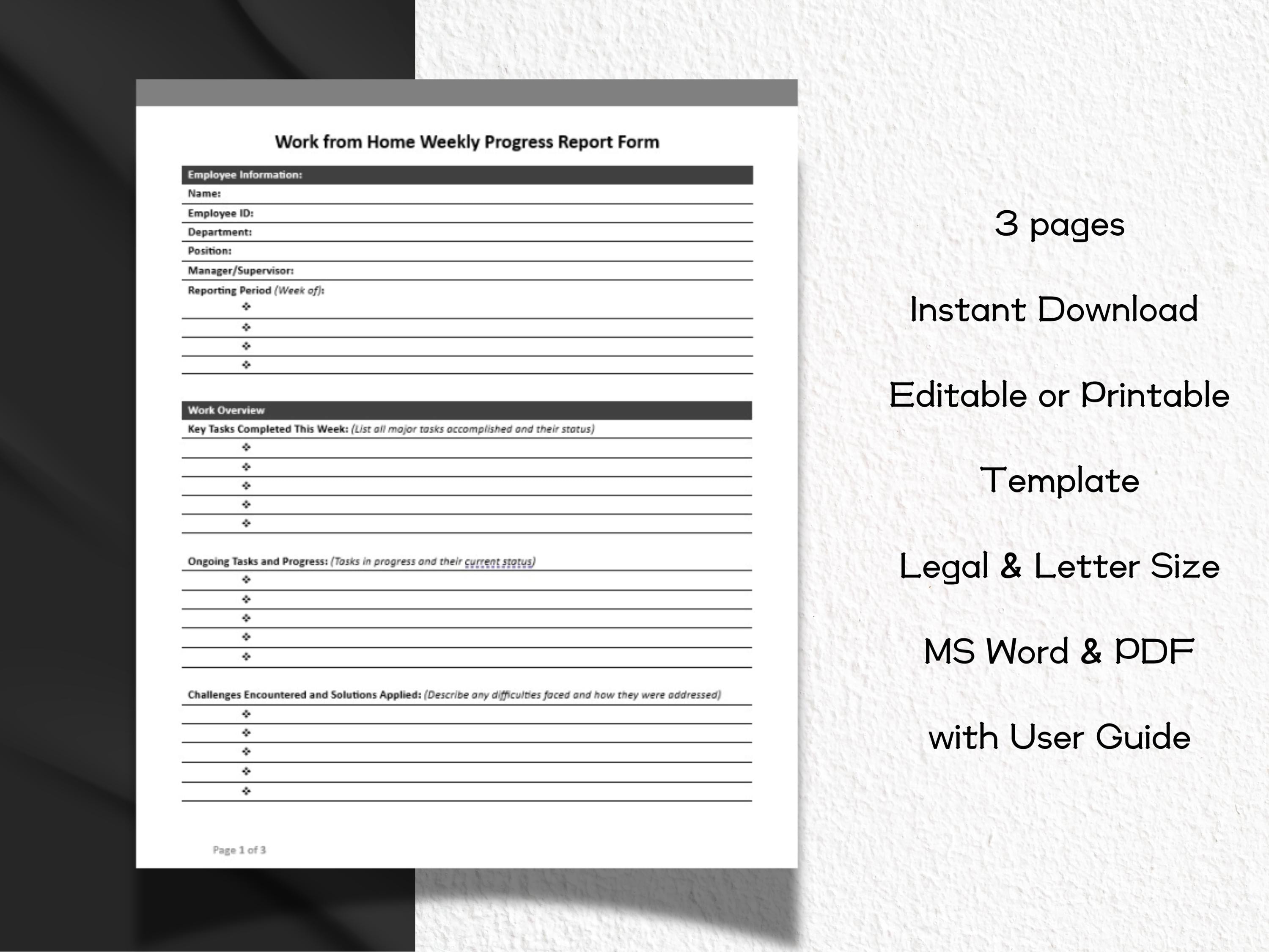 Work From Home Weekly Progress Report Form Editable and Printable ...
