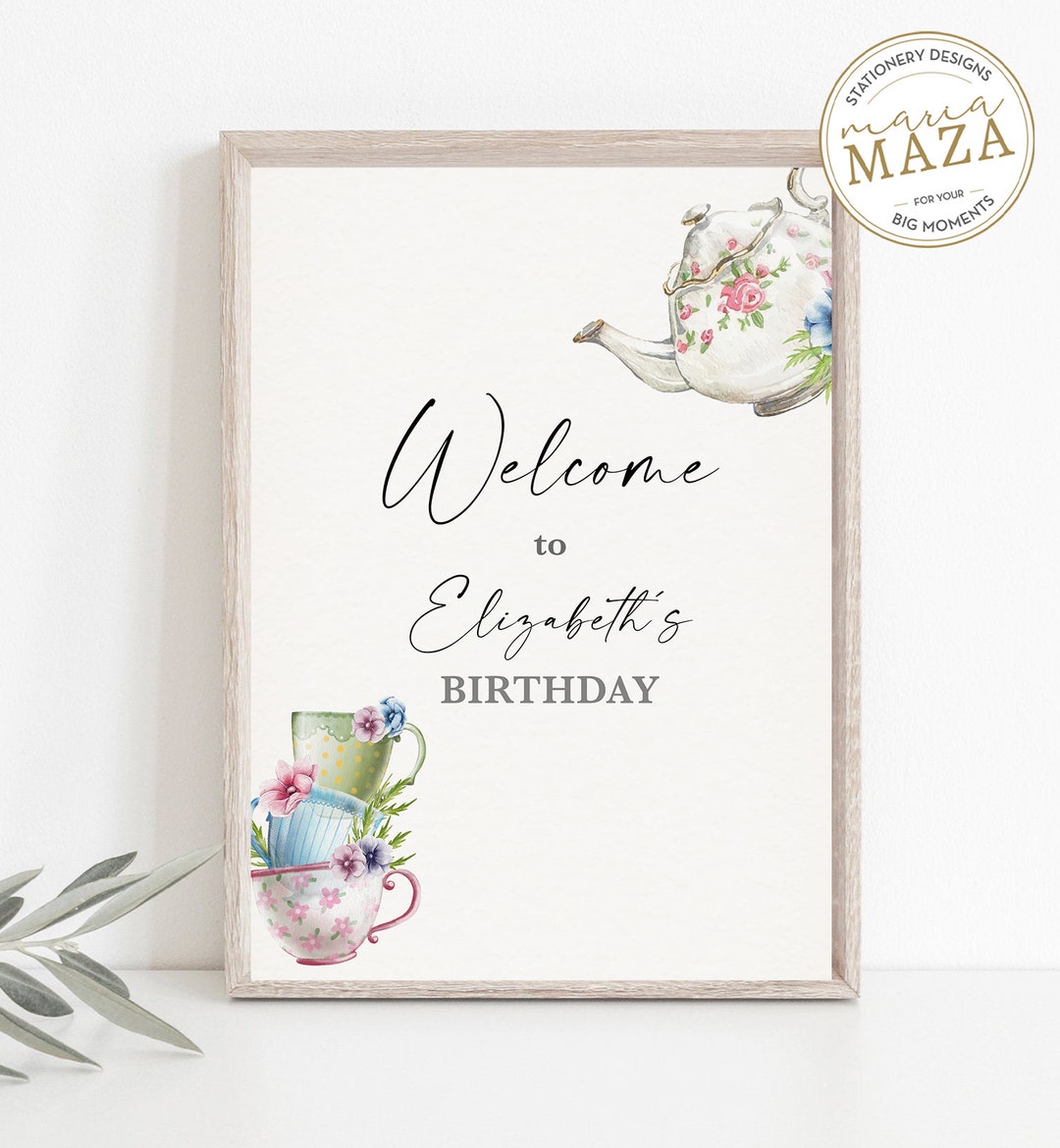 Tea Party Welcome Sign: Floral Birthday, Bridal Shower Decor (digital ...