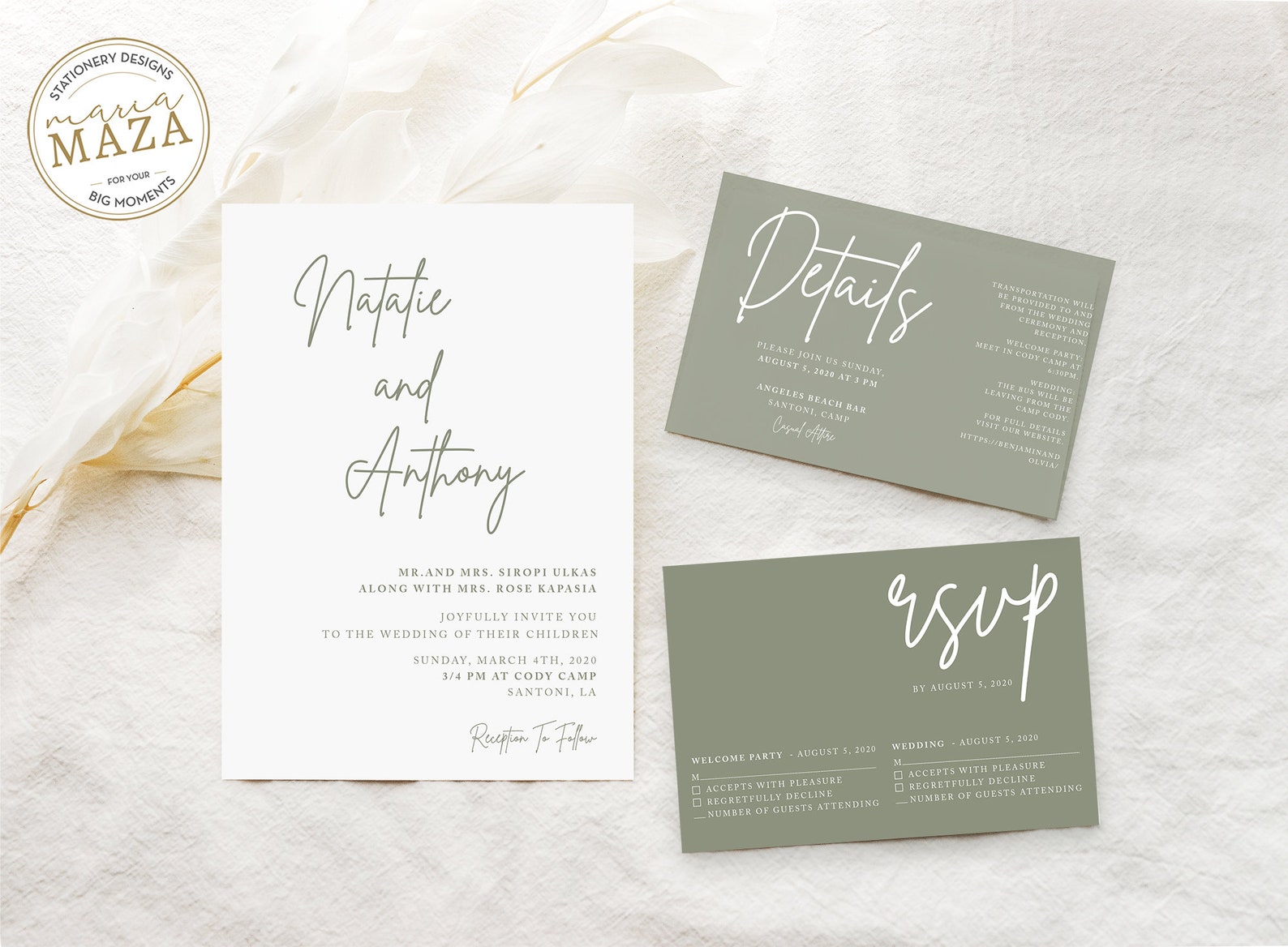 Olive Green Wedding Invitation Template With RSVP (digital Download) - Etsy